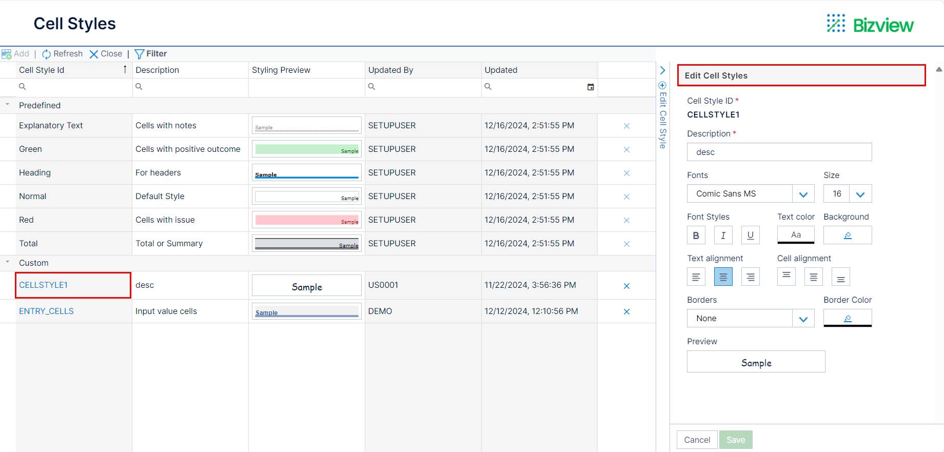 Cell Styles – Bizview v24