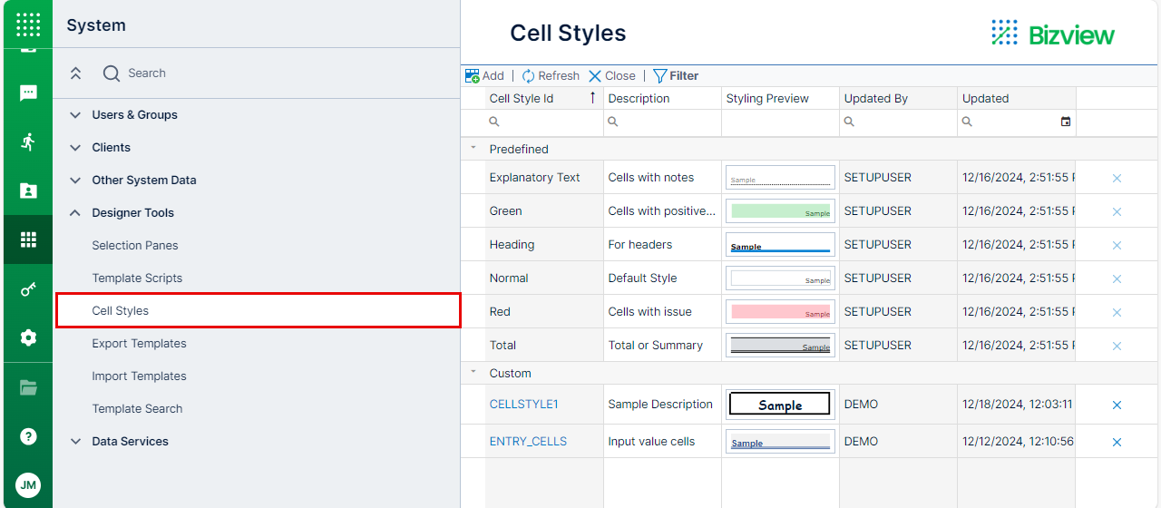Cell Styles – Bizview v24