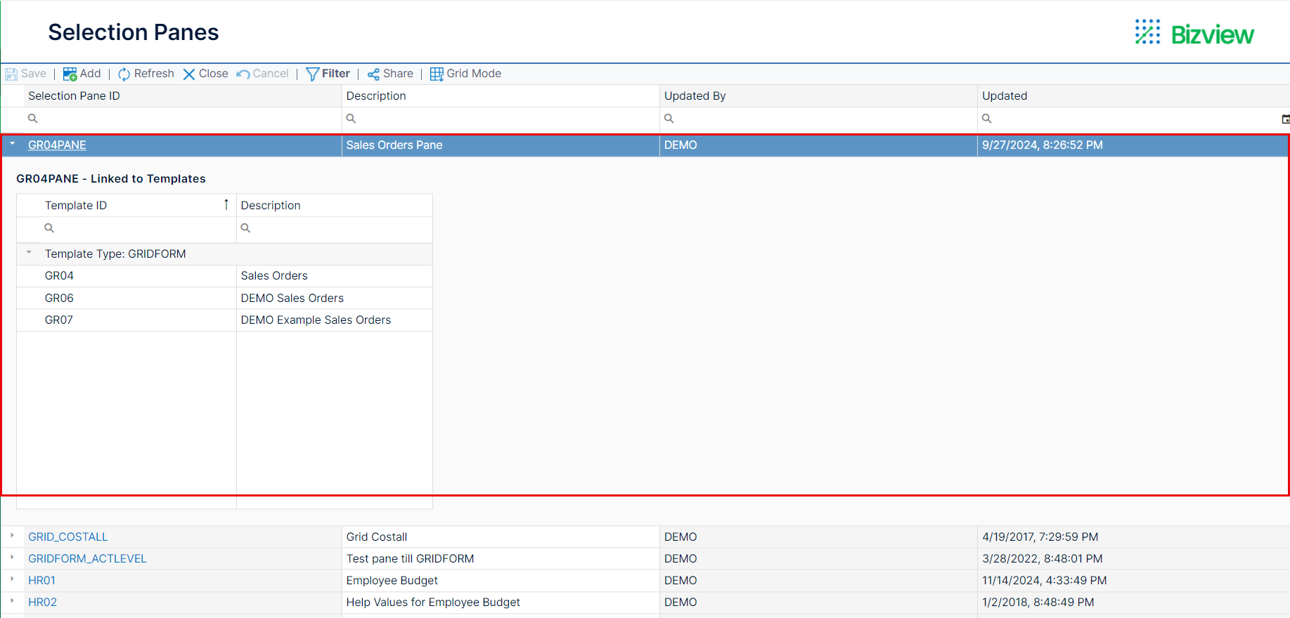 Connecting Selection Panes to Template – Bizview v24