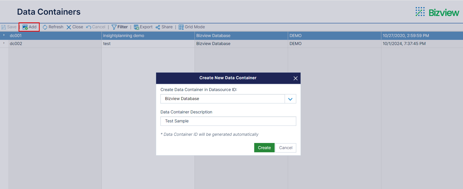 Data Containers – Bizview v24