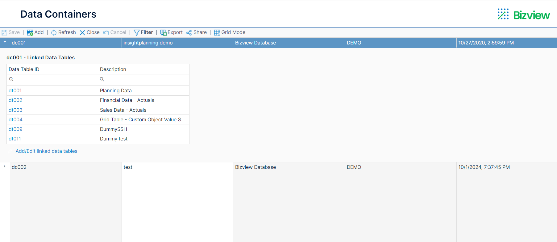 Data Containers – Bizview v24