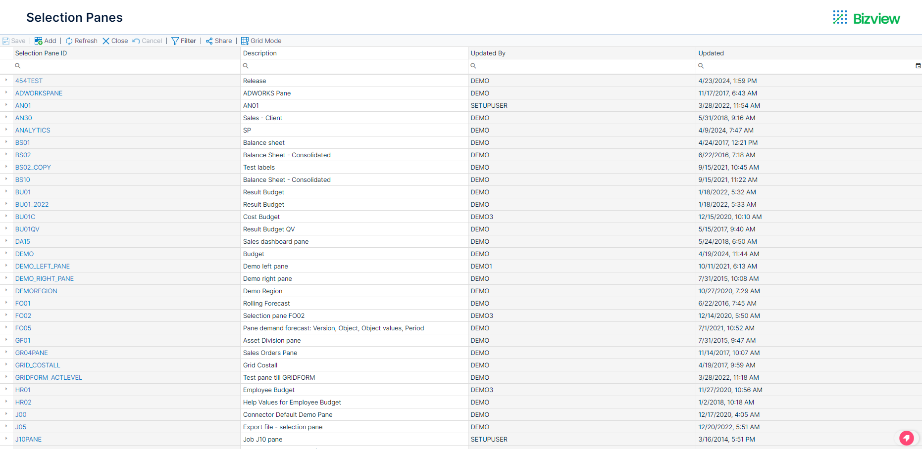 Pane Designer – Bizview v24
