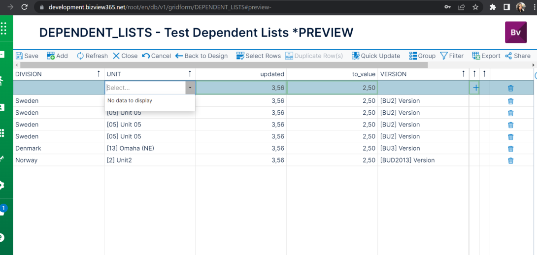 Dependent Lists – Bizview v24