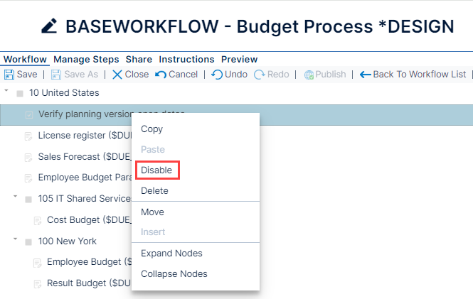 Disable/Enable Workflow Steps – Bizview v24