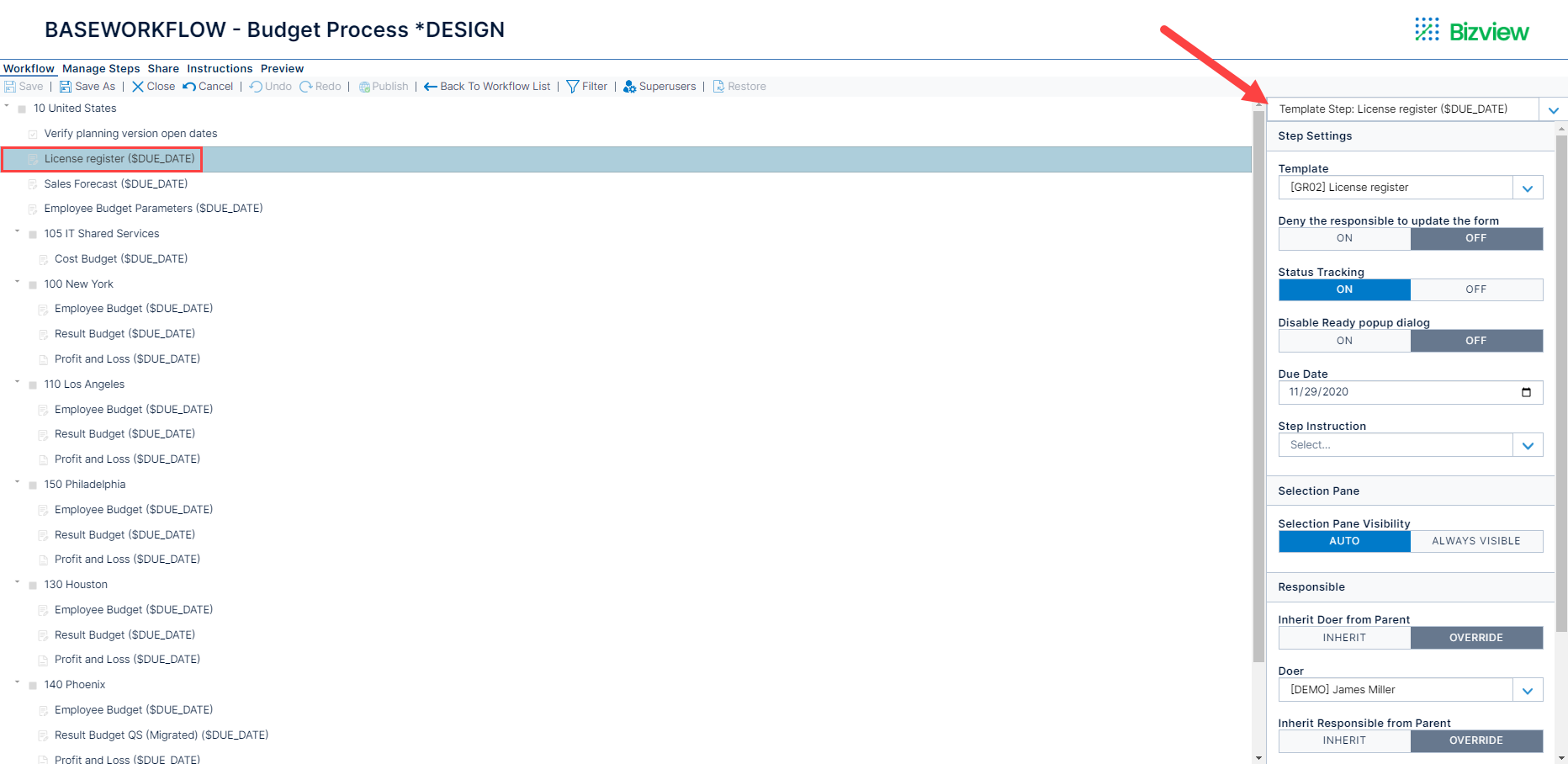Template Step Settings – Bizview v24
