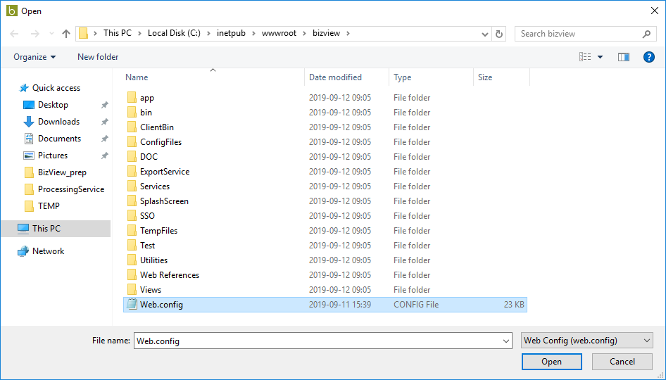 Manually Opening the Web Application Configuration File – Bizview v24